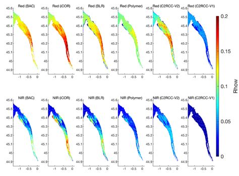 spatial distributions of rhow values derived from s3 olci data recorded