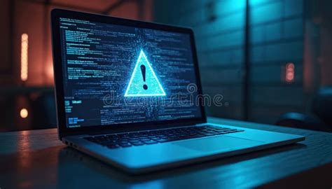 Laptop Computer Displays Hacking Warning Alert With Exclamation Mark Sign Illustrates Cyber