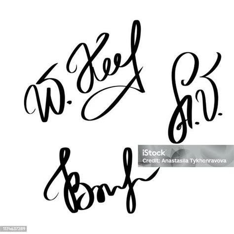 흰색 배경에 격리 된 문서에 대 한 검은 수동 서명입니다 국제 대회 작업에 대한 서명 가상 사인의 손으로 그린 컬렉션입니다 비즈니스 서예 레터링 세트 벡터 일러스트