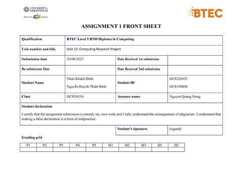 unit 13 assignment 1 frontsheet 2022 2023 assignment 1 front sheet