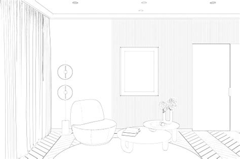 문 옆에 있는 벽에 수직 포스터가 있는 현대적인 거실의 스케치 안락의자 근처의 커피 테이블 창문 커튼 근처의 램프 쪽모이 세공 바닥에 둥근 카펫이 있습니다 0명에 대한 스톡