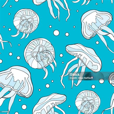 화려한 해파리 원활한 패턴 푸른 물 배경에 Uderwater 주민의 손으로 그린 벡터 그림 카드 인쇄 장식 패키지 배너 포스터