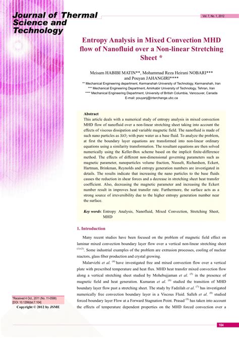 Pdf Entropy Analysis In Mixed Convection Mhd Flow Of Nanofluid Over A Non Linear Stretching Sheet