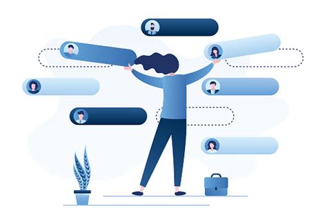 팀 빌딩 개념 여성 상사는 회사의 계층 구조에서 직원의 이력서를 정리합니다 직위와 책임의 분배 경력 사다리 팀워크 리더는 전략을 개발합니다 분할에 대한 스톡 벡터 아트 및