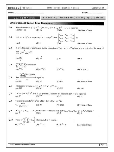 8 Maths Assignment Binomial Theorem Lakshya Pdf