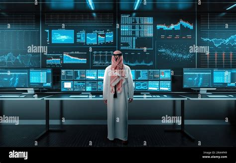 Muslim Businessman Working With Floating Data Visualization Screen