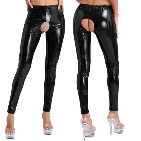 Cheap Womens Glossy Patent Leather Crotchless Pants Elastic Leggings