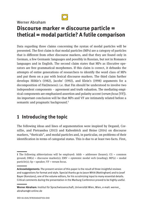 Pdf Discourse Marker Discourse Particle Thetical Modal Particle A Futile Comparison