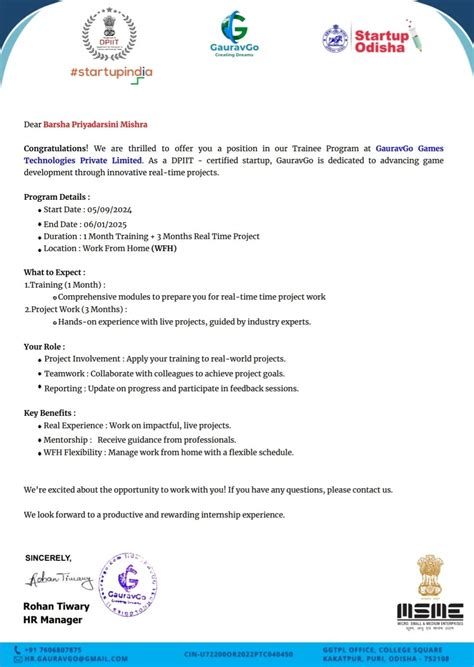 Barsha Priyadarsini Mishra On Linkedin Gamedevelopmentintern Gauravgotechnologies Offerletter