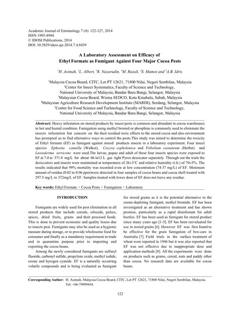 Pdf A Laboratory Assessment On Efficacy Of Ethyl Formate As Fumigant Against Four Major Cocoa