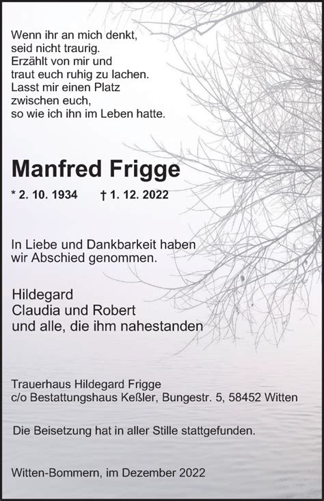 Traueranzeigen Von Manfred Frigge Trauer In Nrw De