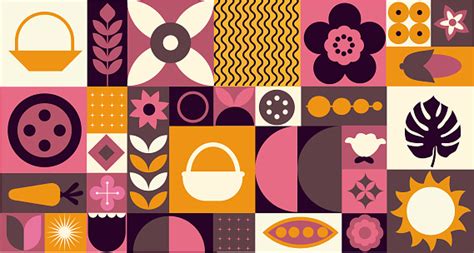 포장 인사말 카드 포스터 배너 및 소셜 미디어에 대한 꽃 추상 기하학적 이음매 없는 패턴 자연 모자이크 배경 와 꽃 식물 야채 바구니 바우하우스 0명에 대한 스톡 벡터 아트