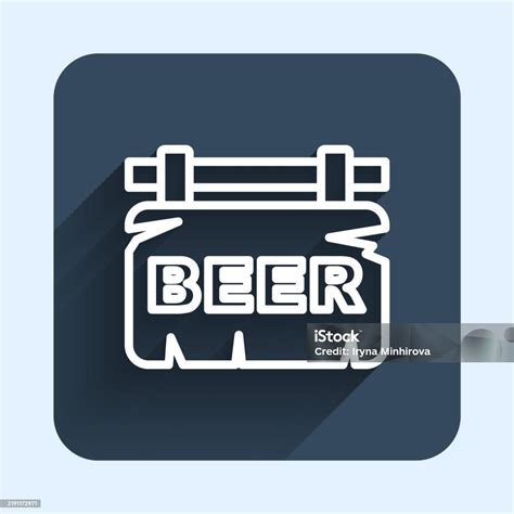 비문이 있는 흰색 선 거리 간판 맥주 아이콘은 긴 그림자 배경으로 고립되어 있습니다 광고 바 카페 펍 레스토랑에 적합합니다 파란색 사각형 버튼입니다 벡터 0명에 대한 스톡