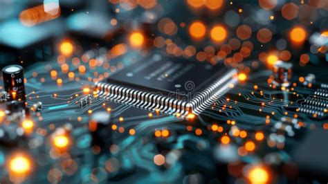 Close Up View Of A Microprocessor On A Circuit Board With Glowing