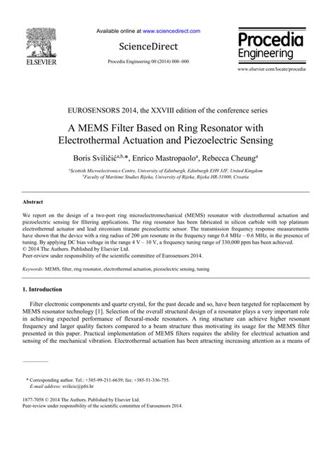 PDF A MEMS Filter Based On Ring Resonator With Electrothermal Actuation And Piezoelectric Sensing