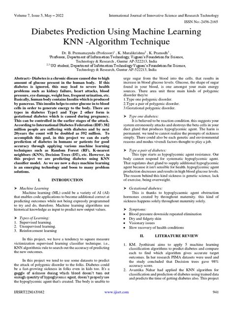 Diabetes Prediction Using Machine Learning Knn Algorithm Technique Pdf Diabetes Machine
