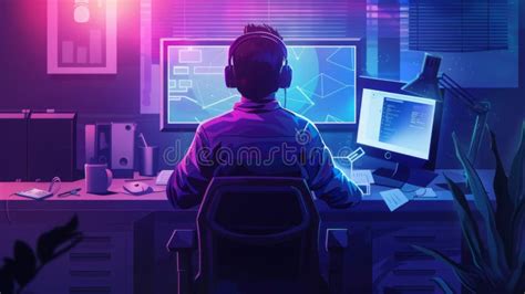 Programmer Working Late At Night In A Tech Enhanced Office Stock Image
