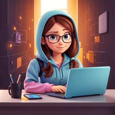 Premium Photo Cute Girl Hacker Operating Laptop Cartoon Vector Icon Illustration People