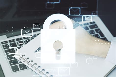 Premium Photo Creative Lock Sketch With Email Symbols Hologram And Hand Writing In Notepad On