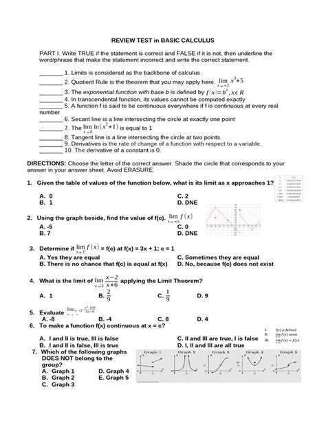 Basic Calculus Review Test Questions Pdf Function Mathematics