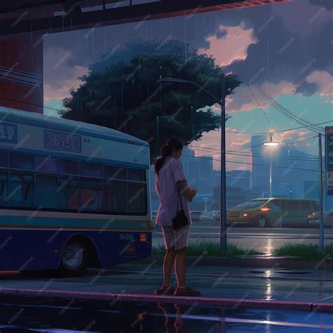 Premium Ai Image Anime Scene Of A Woman Waiting For A Bus At A Bus
