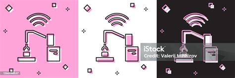 분홍색과 흰색 검은 색 배경에 고립 된 산업 기계 로봇 팔 손 공장 아이콘을 설정합니다 산업용 로봇 조작기 벡터 검은색에 대한 스톡 벡터 아트 및 기타 이미지 Istock