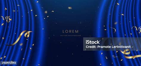 블루 커튼 배경입니다 흰색 배경에 황금 색종이 배너와 리본입니다 파란색에 대한 스톡 벡터 아트 및 기타 이미지 파란색 배경