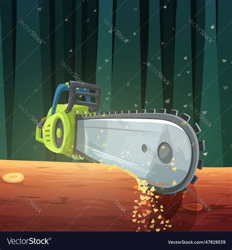 A Green Chainsaw In Tree With Sawdust Royalty Free Vector