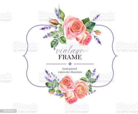수채화 장미와 라벤더 꽃이있는 빈티지 카드 봄 또는 여름 신부 샤워 결혼식 생일을위한 꽃 초대장 흰색 배경에 고립 된 직사각형 카드 0명에 대한 스톡 벡터 아트 및 기타