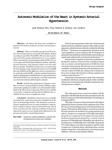 Pdf Autonomic Modulation Of The Heart In Systemic Arterial Hypertension