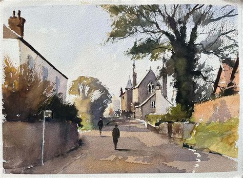 Anthony Avery British Watercolor Village Street With Church And