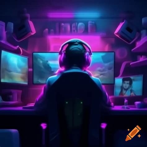 top down view of person in gaming chair at futuristic computer setup with neon purple and pink