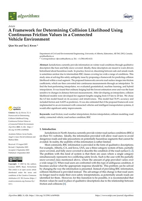 Pdf A Framework For Determining Collision Likelihood Using Continuous Friction Values In A