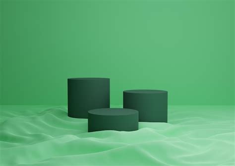 최소한의 배경으로 패브릭에 배치된 제품 디스플레이를 위한 3개의 연단 또는 스탠드 구성 프리미엄 사진