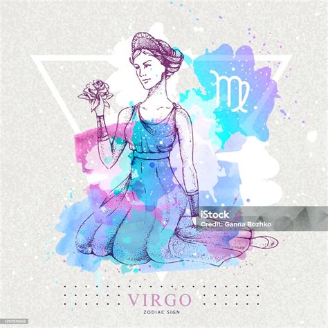 예술 적인 수채화 배경에 점성술 처녀 자리 조디악 기호현대 마법 마술 카드 현실적인 손 그리기 여자 머리 점성술 기호에 대한