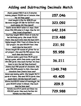 Adding And Subtracting Decimals Word Problem Match By Aleisha Boehm