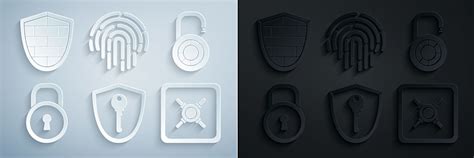 키 안전한 조합 잠금 휠 잠금 지문 및 사이버 보안 벽돌 벽 아이콘방패를 설정합니다 벡터 3차원 형태에 대한 스톡 벡터 아트 및 기타 이미지 Istock
