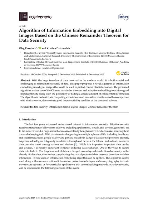pdf algorithm of information embedding into digital images based on the chinese remainder