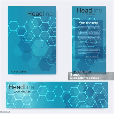 전단지 브로슈어 크기 A4 템플릿 배너 설정 합니다 연결된 라인 및 점 분자 구조입니다 잡지 전단지 커버 포스터 디자인 요소와의 과학적인 패턴 원자 Dna 0명에 대한 스톡
