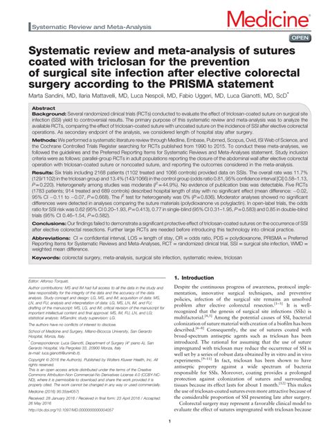 Pdf Systematic Review And Meta Analysis Of Sutures Coated With Triclosan For The Prevention Of