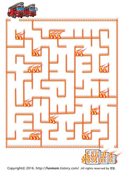 불이났어요~소방차 출동 어린이 미로찾기프린트 어린이 미로 소방차