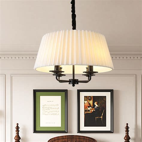 Traditional Vintage Round Table Pleated Branch Iron Fabric 4 Light Cha