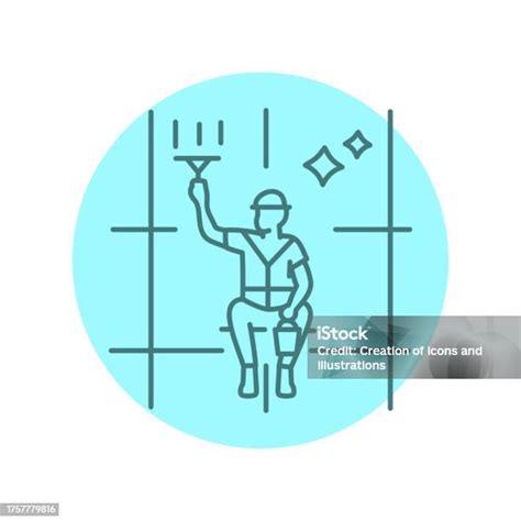 노동자는 현대 마천루 검은 선 아이콘의 창문을 닦는다 청소 회사 개념에 대한 스톡 벡터 아트 및 기타 이미지 개념 개념과