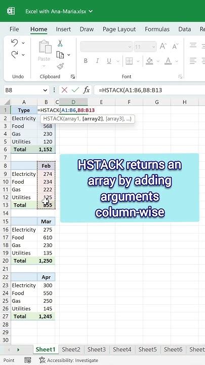 How To Combine Multiple Tables Using Hstack Function Excel Exceltips Shorts Youtube