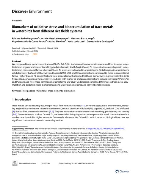 Pdf Biomarkers Of Oxidative Stress And Bioaccumulation Of Trace Metals In Waterbirds From