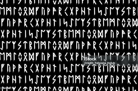 민족 노르웨이 아이슬란드 이음새가 없는 패턴입니다 바이킹과 북부 민족의 룬 부적 마법과 마법의 룬 이교도 표지판 Futhark 반복 가능한 배경입니다 벡터 그림입니다 0명에