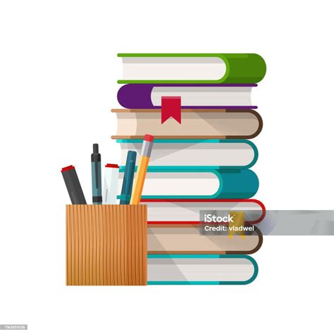 학교 책은 펜과 연필 유리 평면 만화 벡터 일러스트 레이션 흰색 교육 또는 도서관 연구 시간 클립 아트의 개념으로 스택 개인 장식품에 대한 스톡 벡터 아트 및 기타 이미지