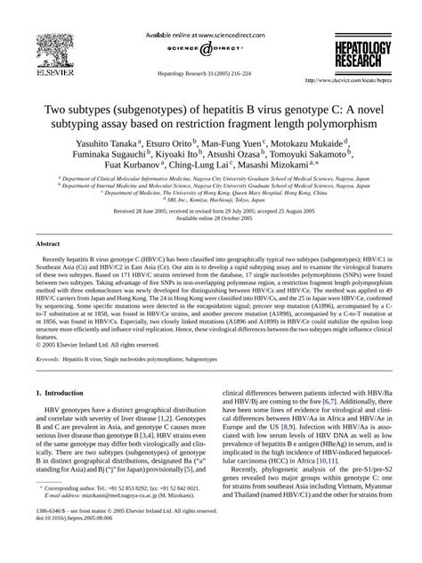 Pdf Two Subtypes Subgenotypes Of Hepatitis B Virus Genotype C A Novel Subtyping Assay Based