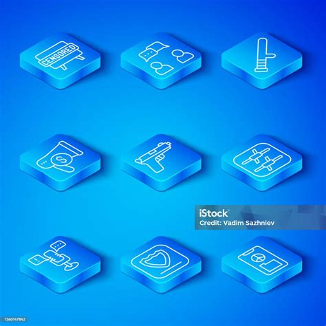 설정 줄 의 자유 의 연설 권총 또는 총 방패 철조망 경찰 고무 지휘봉 메가 폰과 달러 검열 스탬프와 평화 아이콘 벡터 3차원 형태에 대한 스톡 벡터 아트 및 기타 이미지