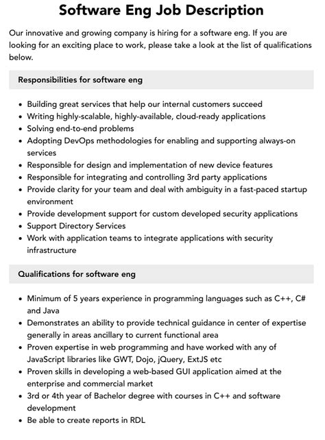 Software Eng Job Description Velvet Jobs